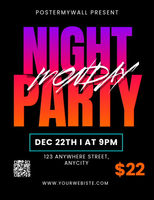 Black Modern & Minimal Monday Night Party Pamflet (letter As) Template ...