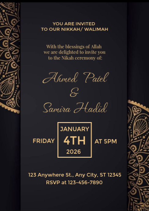 Black Modern & Minimal Muslim Nikah / Walimah Invitation Template, A4 ...