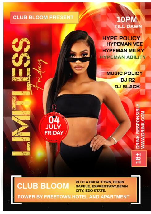 Black Modern & Minimal Red And Yellow Color Limitless Friday Party Flyers A4 Template | PosterMyWall