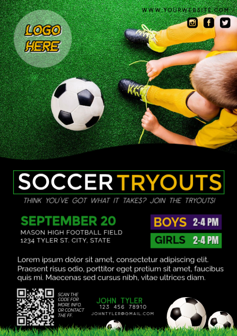 Black Modern & Minimal Soccer Tryouts A4 Template | PosterMyWall
