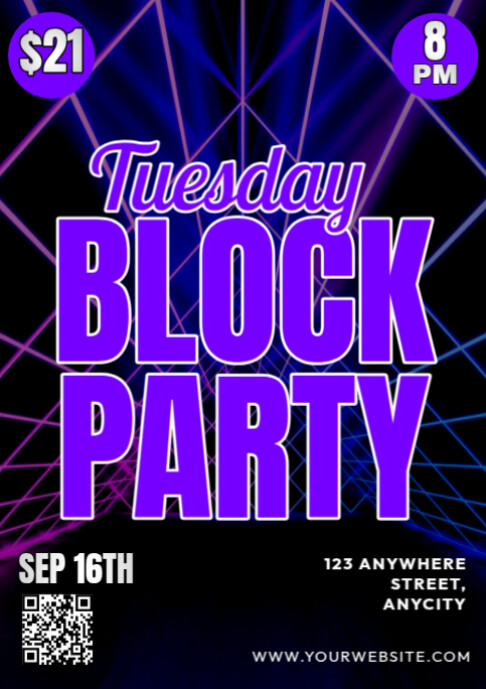 Black Modern & Minimal Tuesday Block Party A2 Template | PosterMyWall