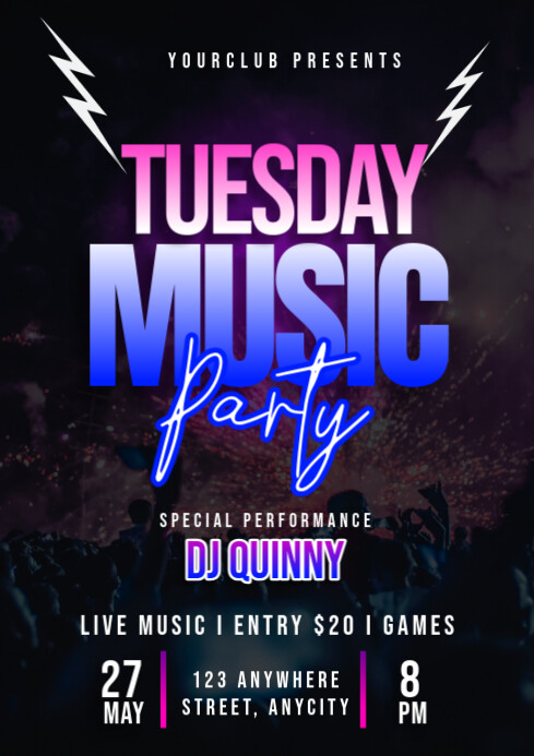 Black Modern & Minimal Tuesday Music Party A1 Template | PosterMyWall