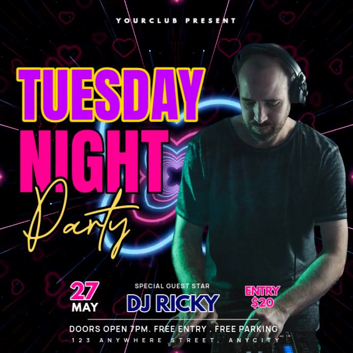 Black Modern & Minimal Tuesday Night Party Pos Instagram Template ...