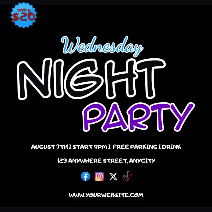 Black Modern & Minimal Wednesday Night Party Template | PosterMyWall