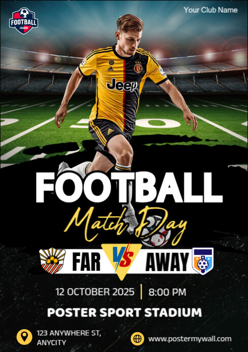 Black Modern & Minimal Football Match Day Event A4 Template | PosterMyWall