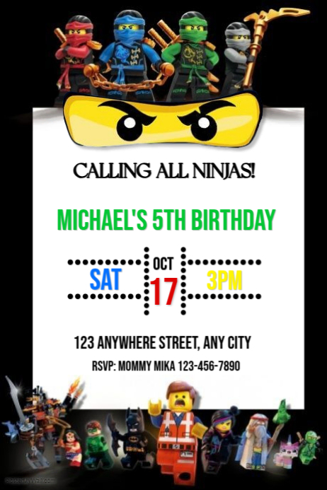 Black Modern & Minimal Lego Ninjago Birthday Invitation Template Poster ...