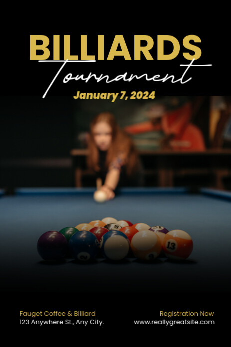 Black Modern Billiards Tournament Poster Template | PosterMyWall