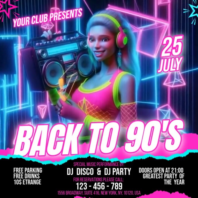 Black Neon Back To 90's Disco Instagram Post Template | PosterMyWall