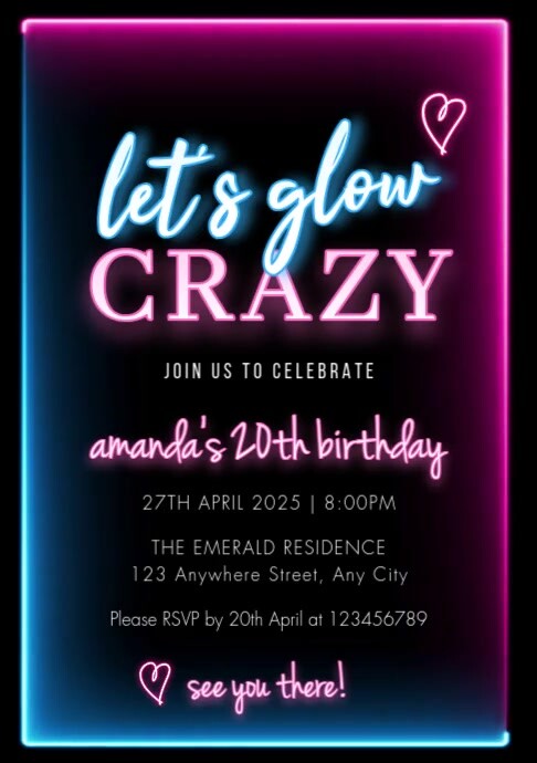Black Neon Birthday Party Glowing Rich But Simple A5 Template ...
