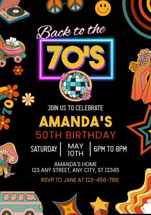 Black Neon 70s Theme Birthday Party Invitation Card A5 Template ...
