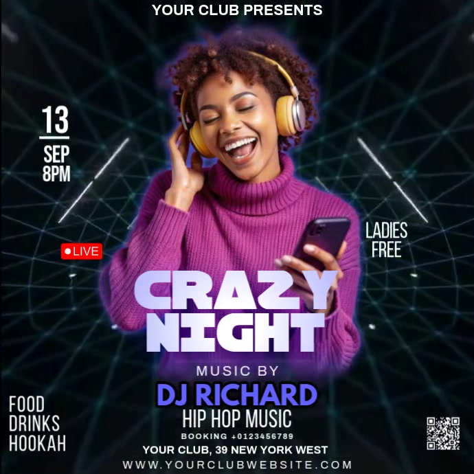 Black Neon Crazy Night Party Instagram Post Template | PosterMyWall