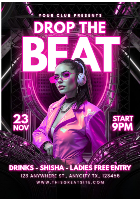 Black Neon Drop The Beat Night Party A4 Template | PosterMyWall