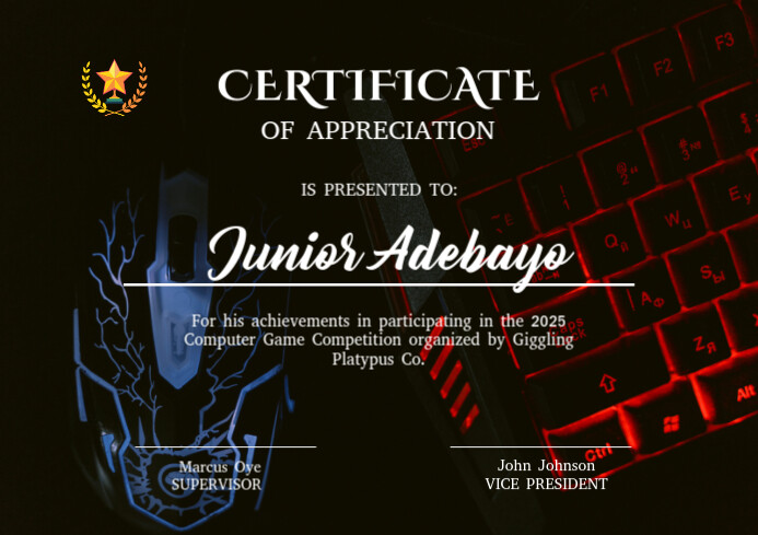 Copy of Black Neon Gaming Achievement Certificate A4 | PosterMyWall
