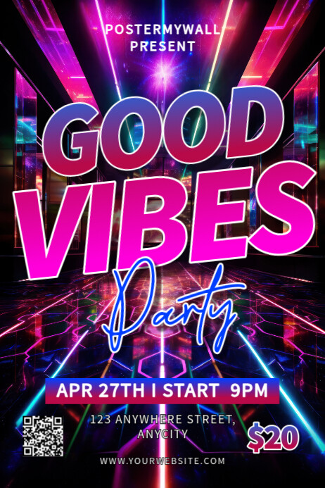 Black Neon Good Vibes Party Poster Templat | PosterMyWall