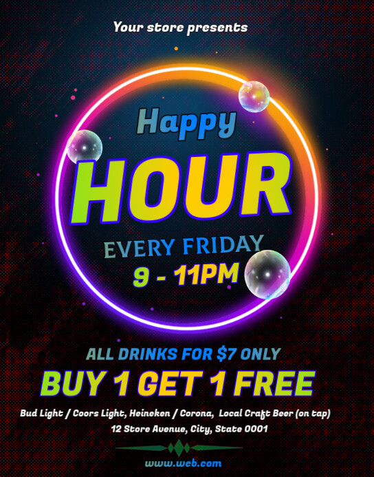 Copy of Black Neon Happy Hour Flyer Poster/wallboard | PosterMyWall