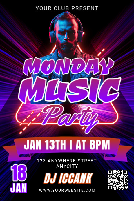 Black Neon Monday Music Party Poster Template | PosterMyWall