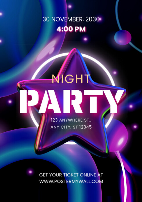 Black Neon Night Party A4 Template | PosterMyWall