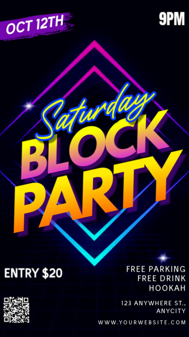 Black Neon Saturday Block Party Instagram Story Template | PosterMyWall