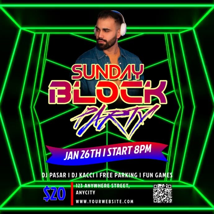 Black Neon Sunday Block Party Pos Instagram Template | PosterMyWall