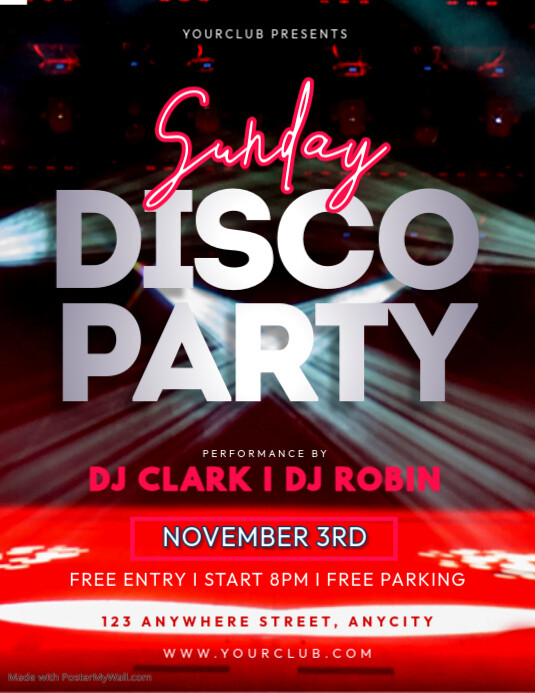 Plantilla de Black Neon Sunday Disco Party Pamflet (letter As ...