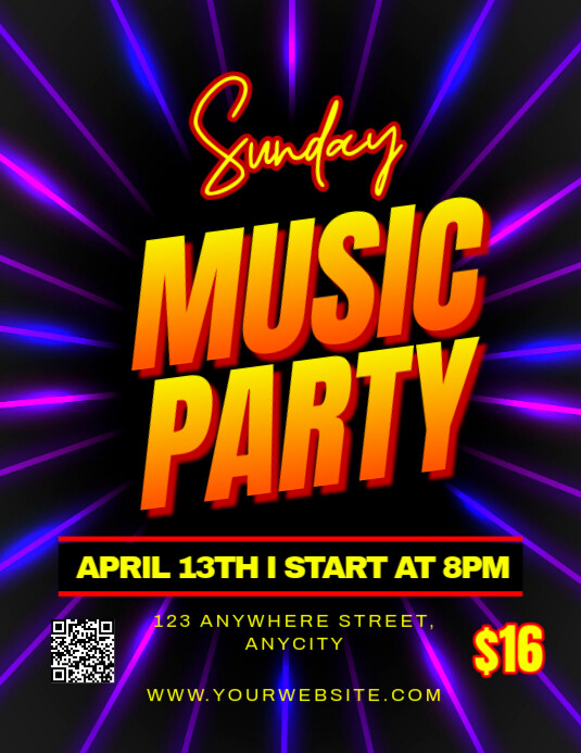 Black Neon Sunday Music Party Pamflet (letter As) Template | PosterMyWall