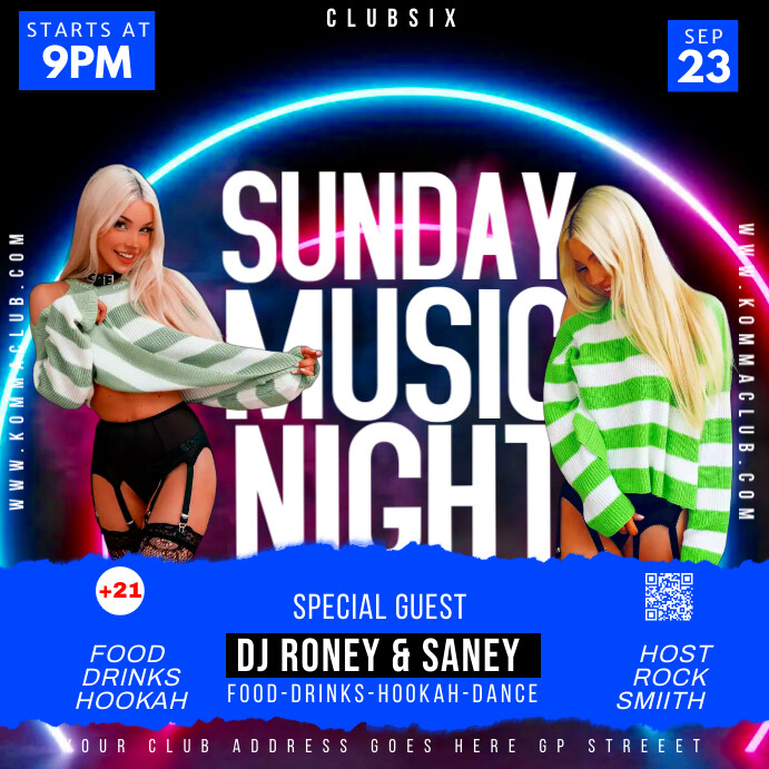 Black Neon Sunday Night Music Party Instagram Template | PosterMyWall