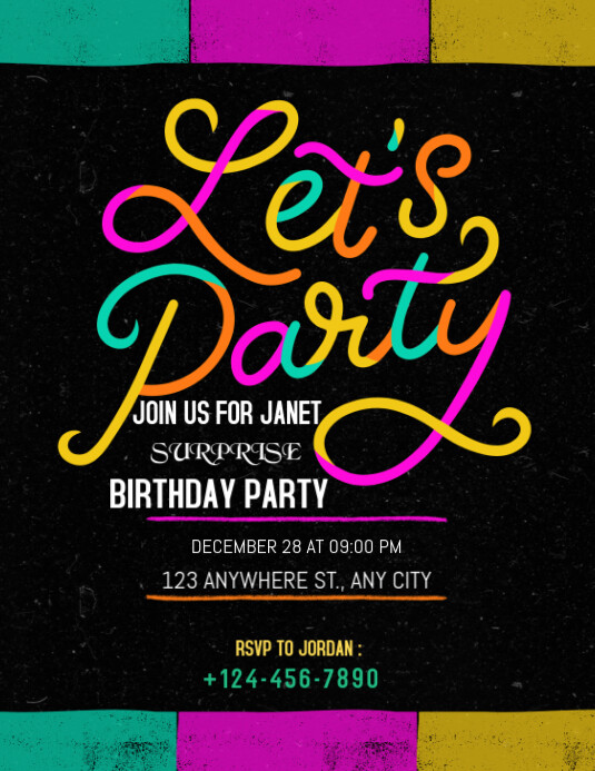 Black Neon Surprise Birthday Party Celebration Online Design Flyer ...