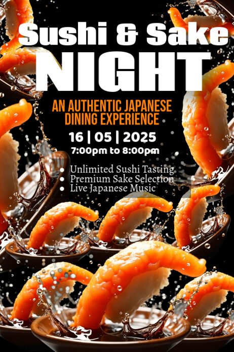 Black Neon Sushi And Sake Night Poster Template | PosterMyWall