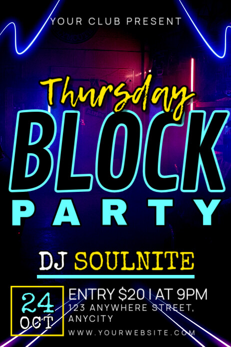 Black Neon Thursday Block Party Poster Template | PosterMyWall