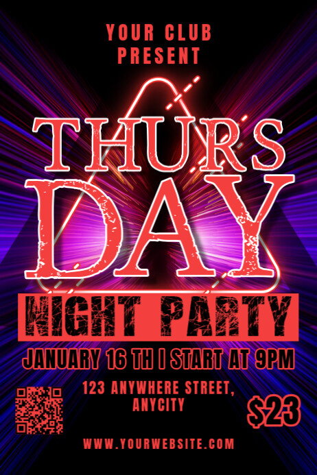 Black Neon Thursday Night Party Poster Template | PosterMyWall
