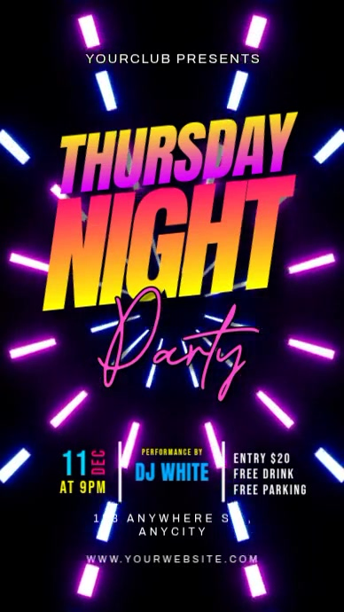 Copy of Black Neon Thursday Night Party Reel Instagram | PosterMyWall
