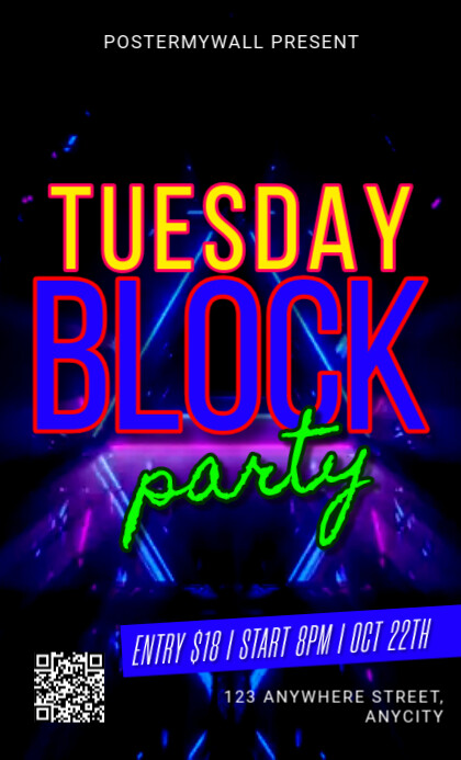 Black Neon Tuesday Block Party Legal As Template | PosterMyWall