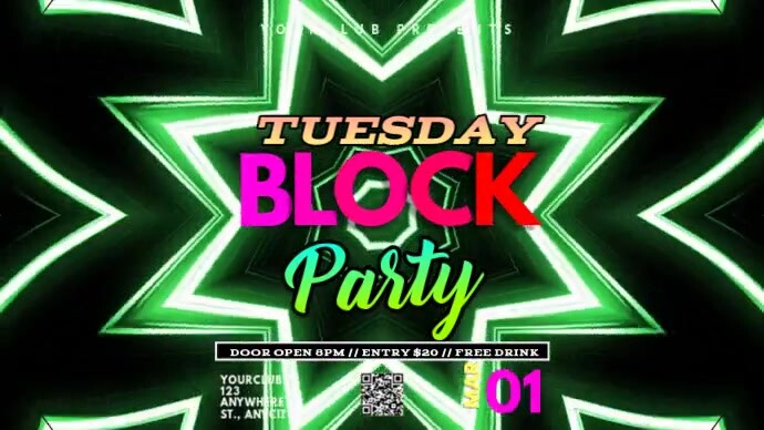 Black Neon Tuesday Block Party Pos Twitter Template | PosterMyWall
