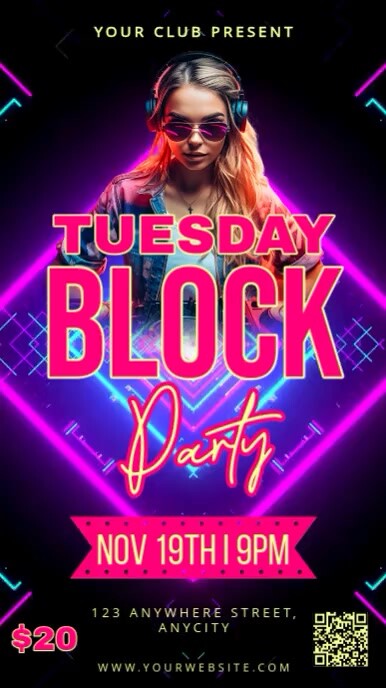 Black Neon Tuesday Block Party Reel Instagram Template | PosterMyWall