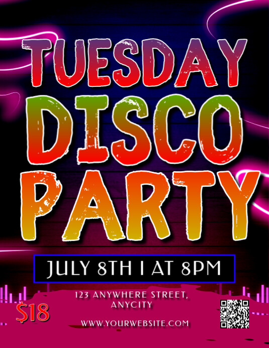 Black Neon Tuesday Disco Party Pamflet (letter As) Template | PosterMyWall
