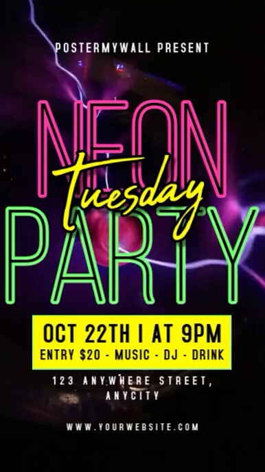 Plantilla de Black Neon Tuesday Neon Party Reel Instagram | PosterMyWall