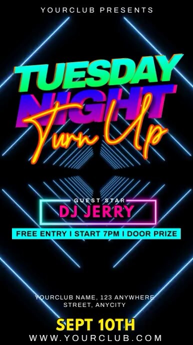 Black Neon Tuesday Night Turn Up Tampilan Dig Template | PosterMyWall