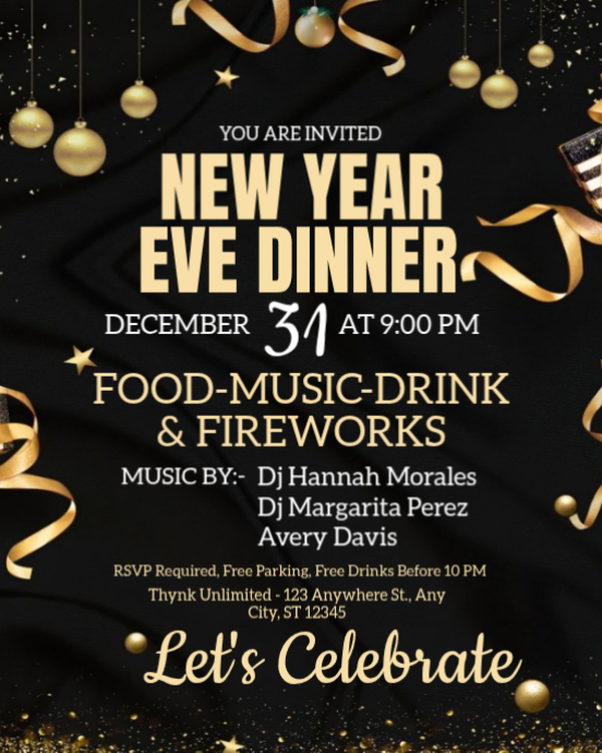 Black New Year Eve Dinner Invitation Template Instagram Portrait ...