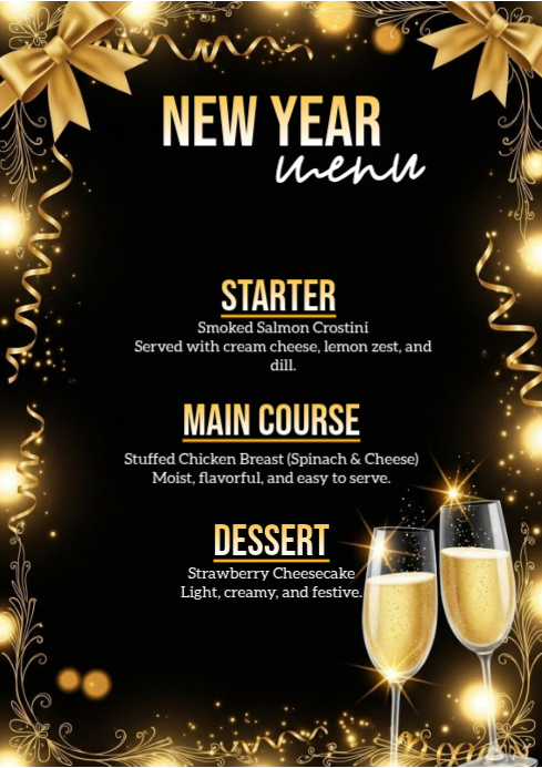 Plantilla de Black New Year Menu Card A1 | PosterMyWall