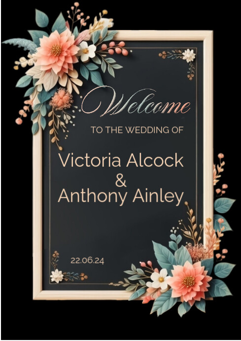 Black Pastel Welcome Sign Floral Border Black Card Template | PosterMyWall