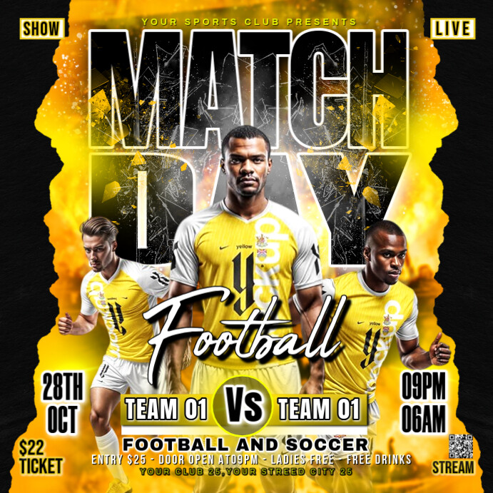 Black Professional Football Match Day Flyer Square (1:1) Template ...
