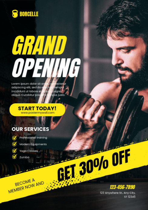 Black Professional Grand Opening Gym And Fitness A4 Template | PosterMyWall