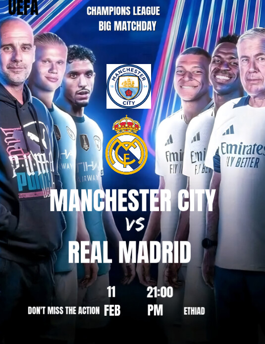 Black Professional Manchester City Vs Real Madrid Ucl Matchday Flyer ...