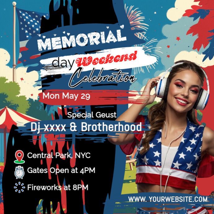 Black Professional Memorial Day Weekend Party Instagram Post Template – Red, White & Blue Style ...