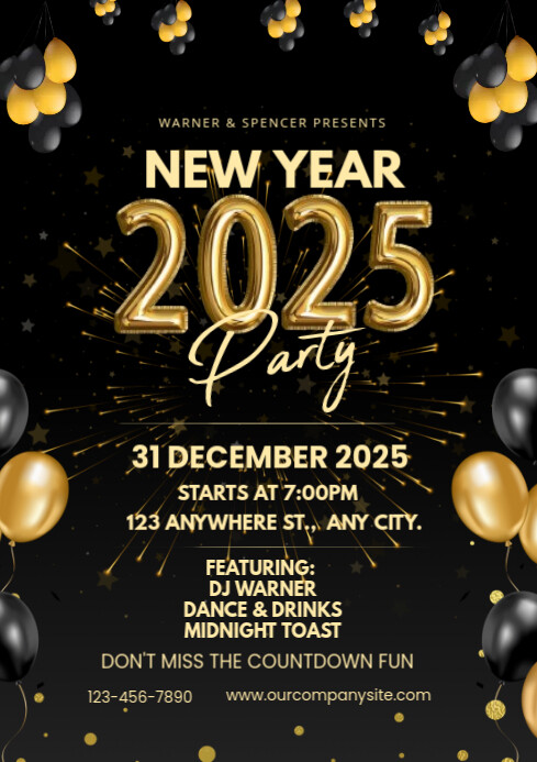 Black Professional New Year 2025 Party Invitation Flyer A4 Template ...
