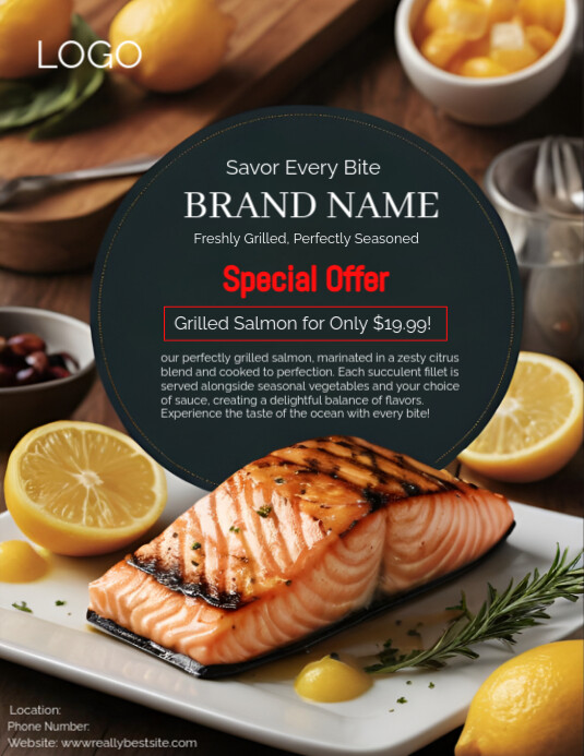 Plantilla de Black Professional Special Offer Grilled Salmon Business ...