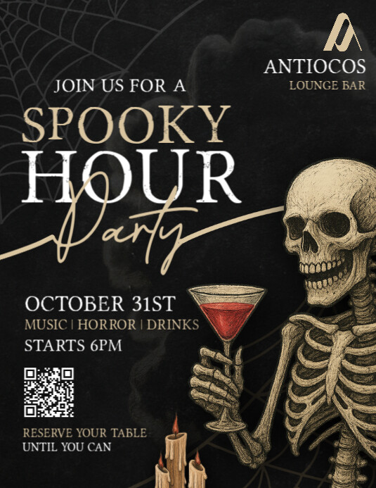 Black Professional Spooky Hour Halloween Party Flyer | Elegant Skeleton ...