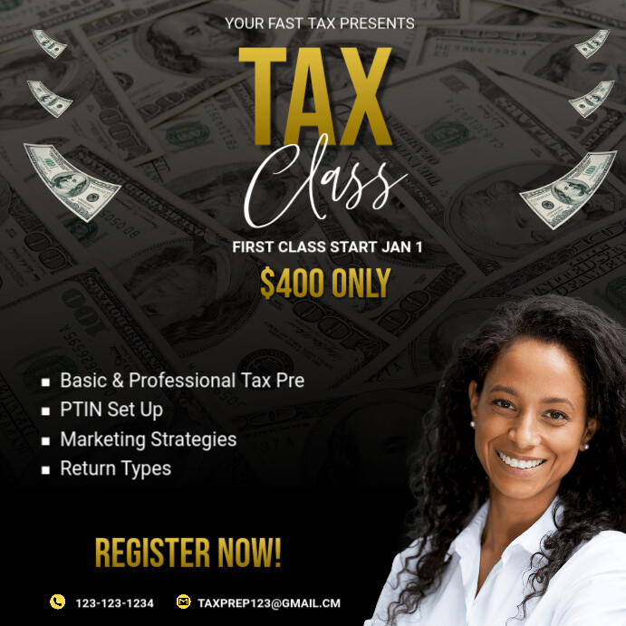Black Professional Tax Class Instagram Post Template | PosterMyWall