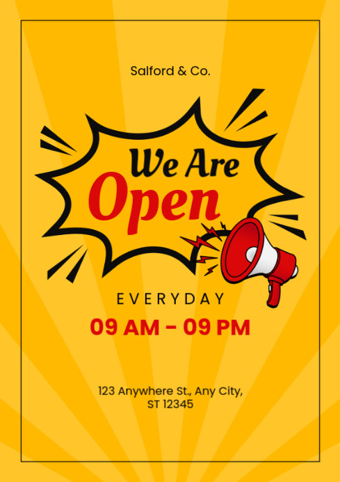 Black Red & Yellow We Are Open A4 Template | PosterMyWall