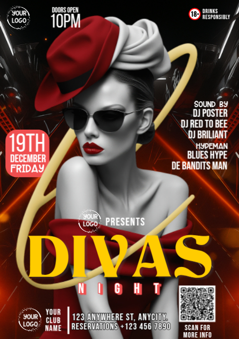 Black Red Modern & Minimal Divas Night Party Invitation Social Media A4 ...